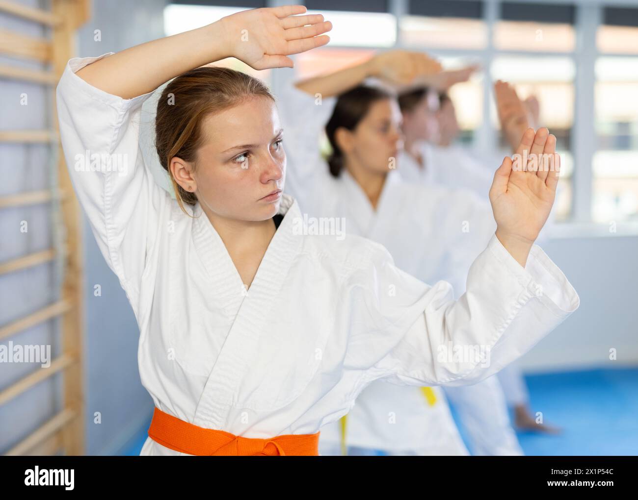 Adolescent karateka practicing punches during kata at group training ...