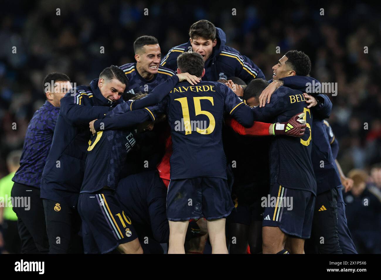 Real Madrid celebrate winning the penalty shootout during the UEFA Champions League Quarter ...