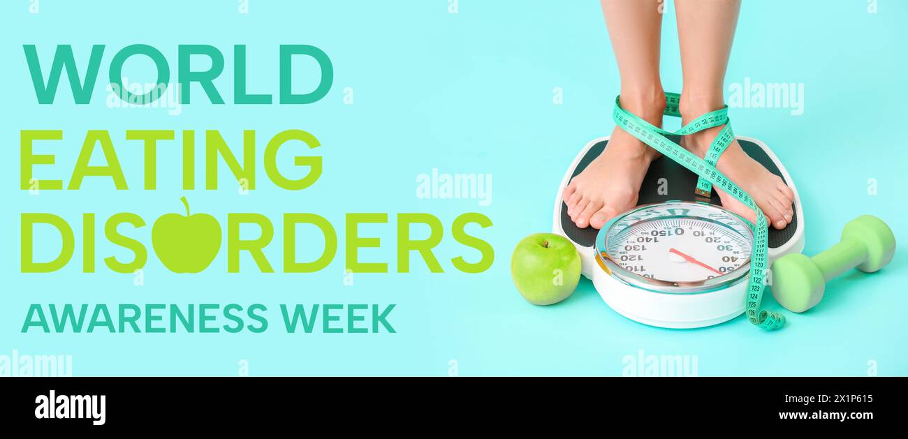 Young woman measuring her weight on color background. Banner for World ...