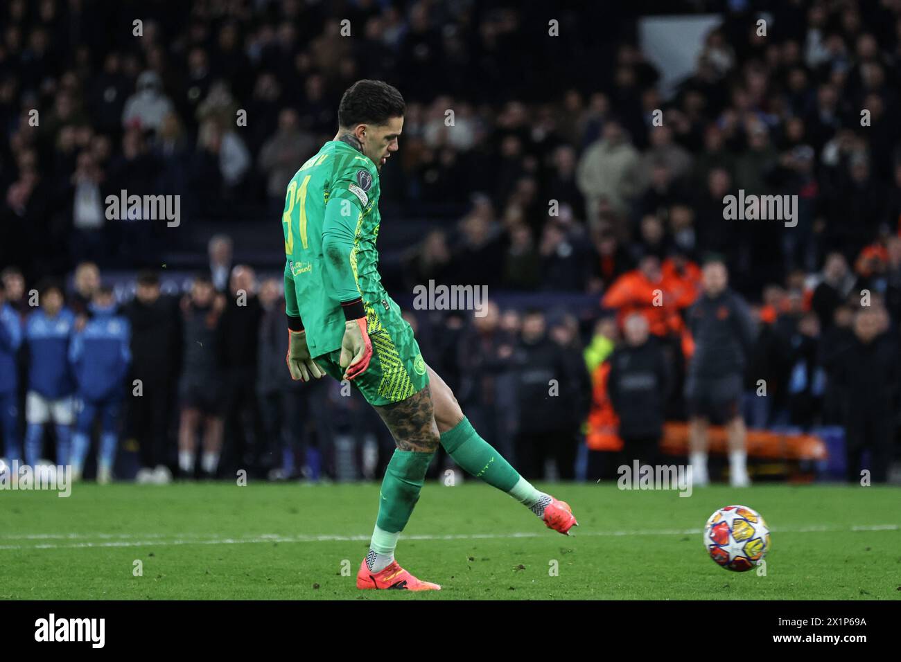 Ederson of Manchester City scores a penalty during the UEFA Champions ...