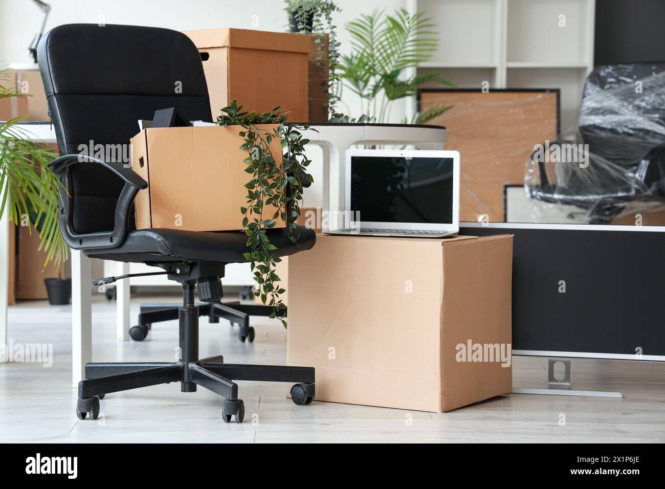 Interior of modern office with chair, laptop and cardboard boxes on ...