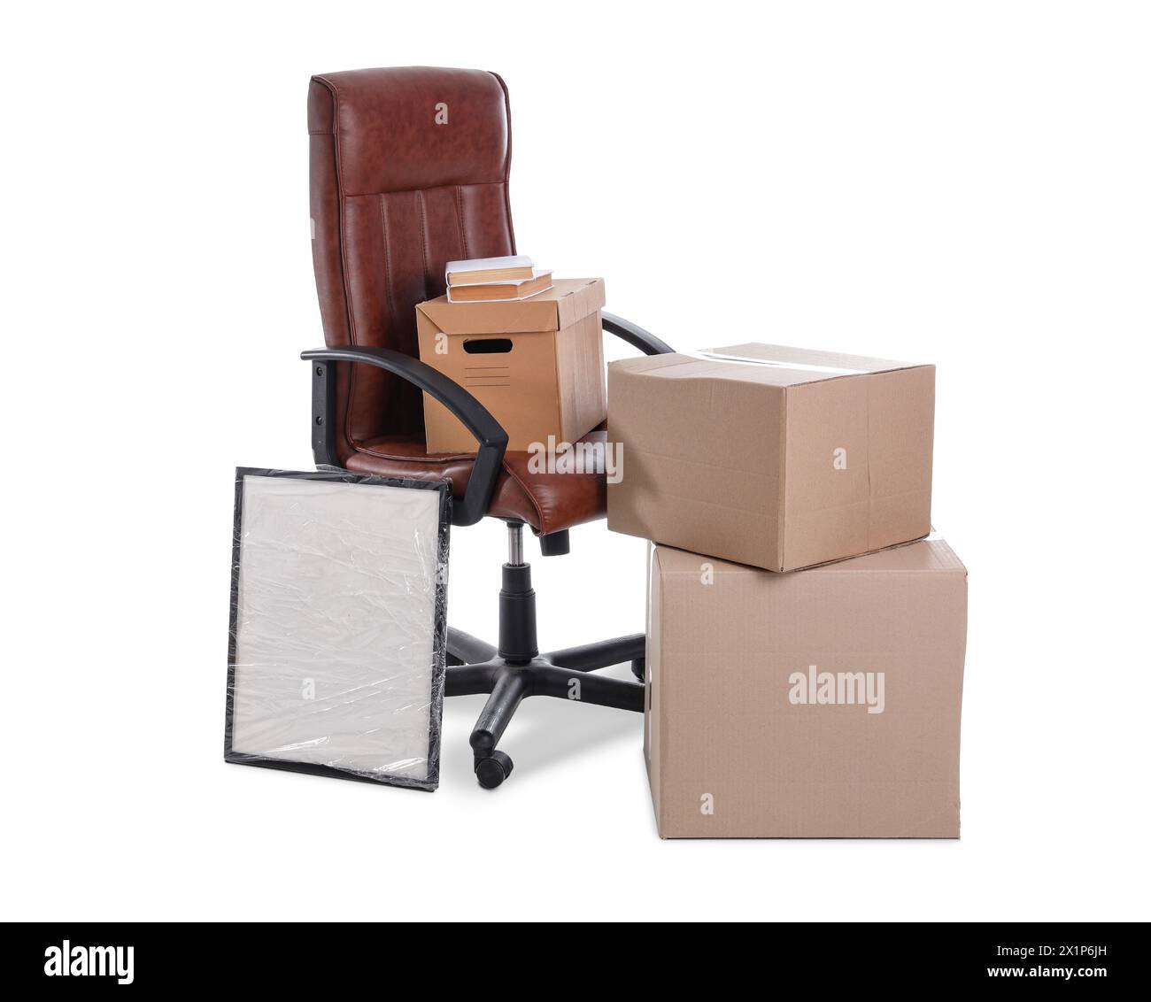 Chair with cardboard boxes, folders and houseplant on white background ...