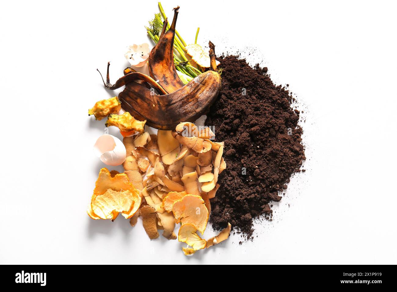 Organic waste and soil on white background. Compost recycling concept ...