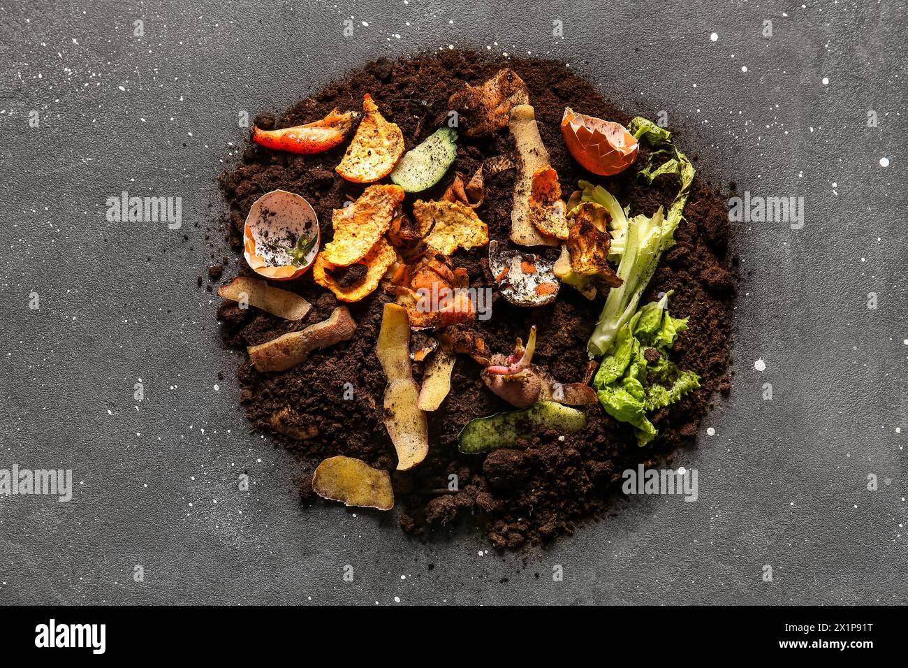 Organic waste and soil on grey grunge background. Compost recycling ...