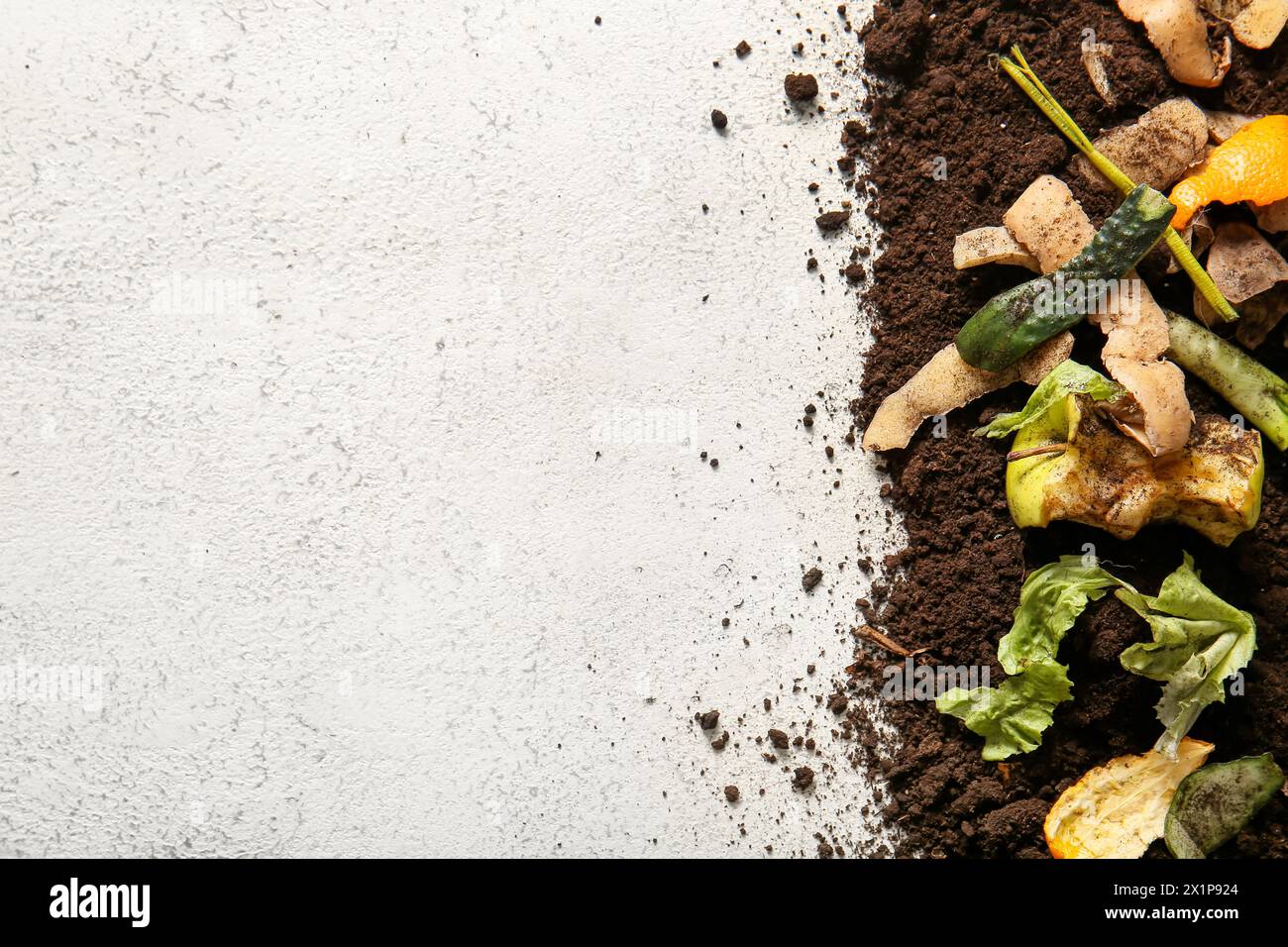 Organic waste and soil on white grunge background. Compost recycling ...