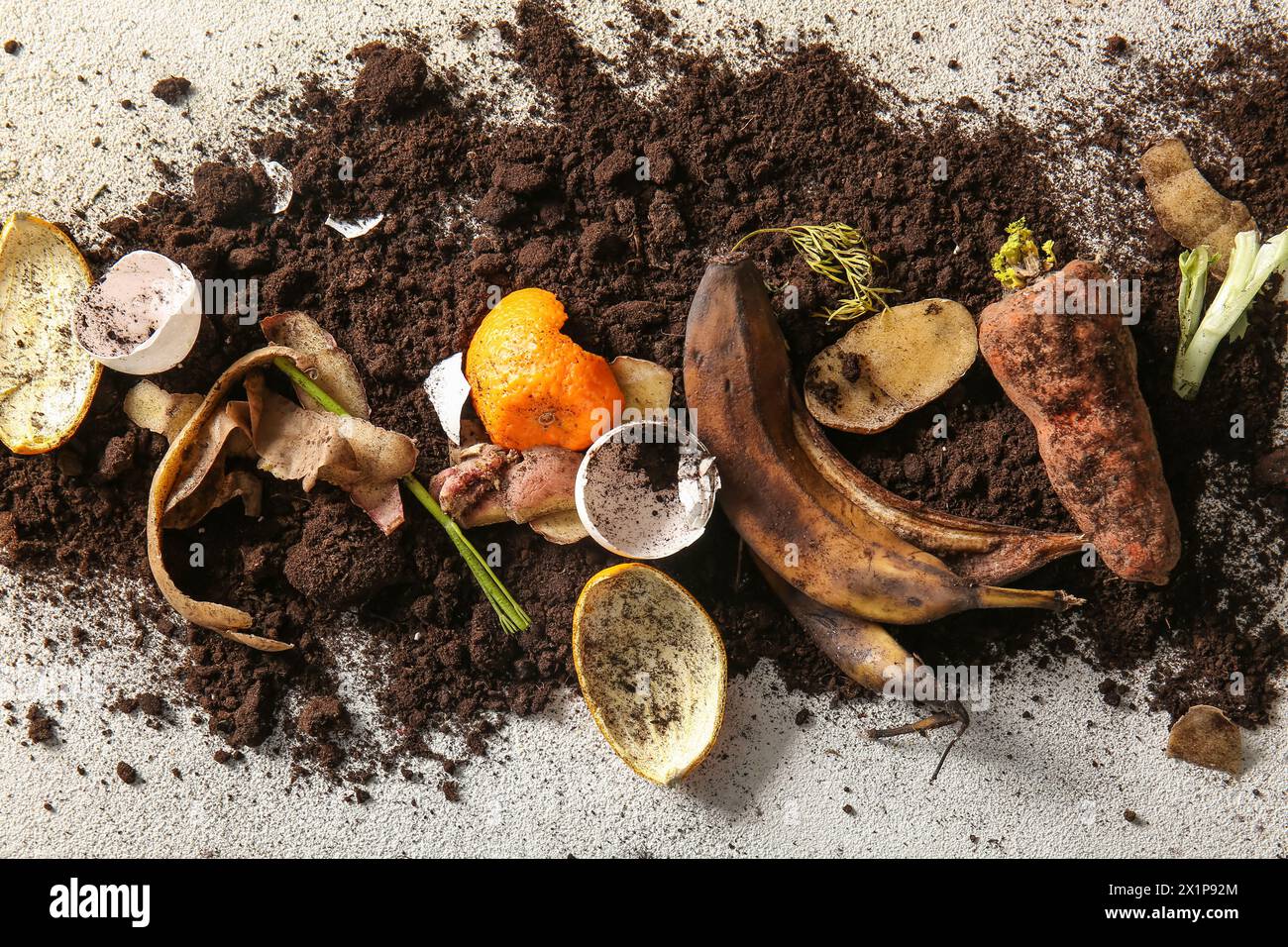 Organic waste and soil on white grunge background. Compost recycling ...