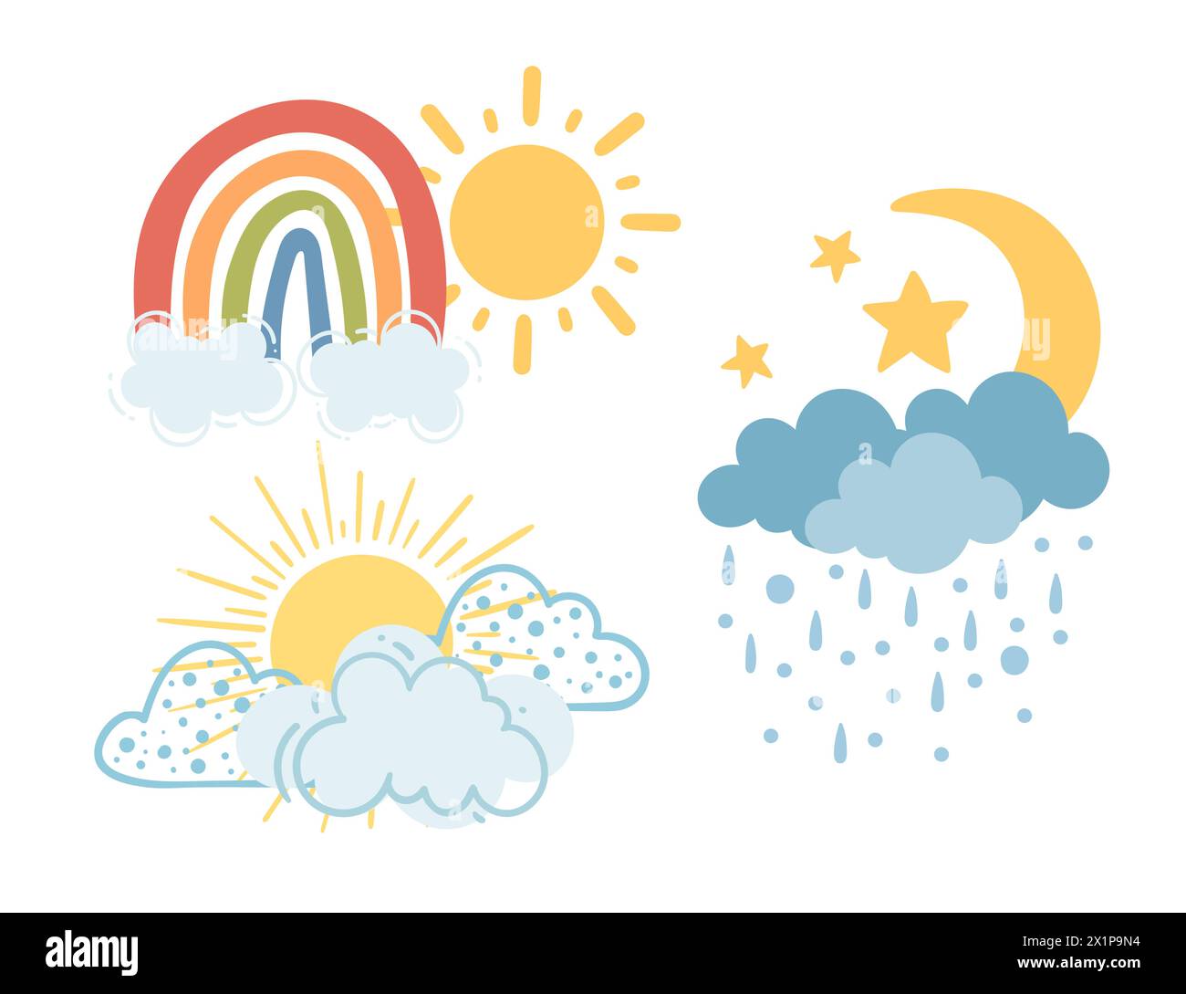 Set of weather icons rainbow sun moon and clouds vector illustration ...