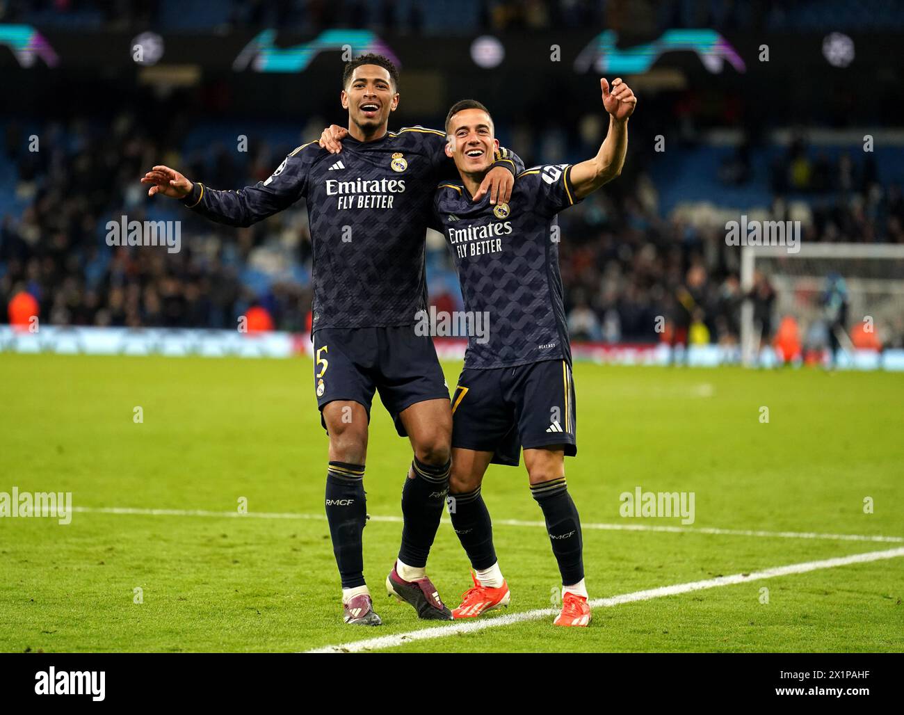 Real Madrid's Jude Bellingham and Vazquez Lucas celebrate following the ...