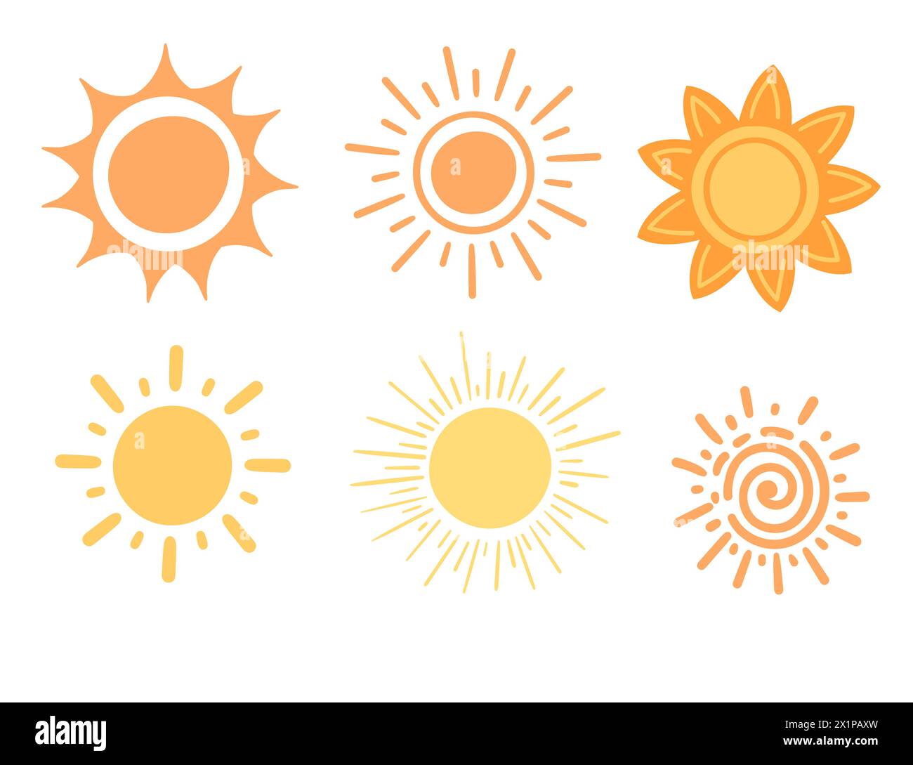 Set of different shapes of yellow sun vector illustration isolated on ...