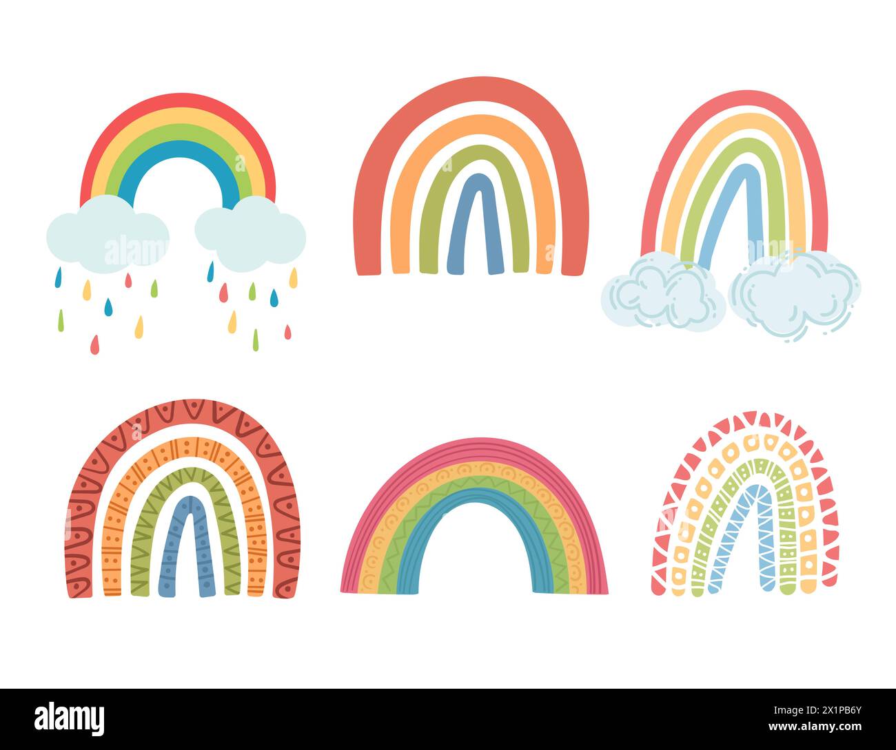 Set of different colored rainbows with clouds and rain vector ...
