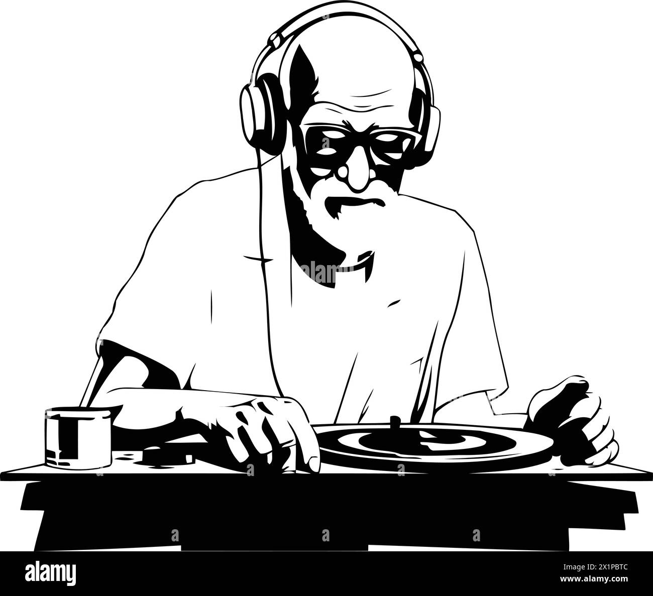Vector illustration of old man playing turntable on orange background ...