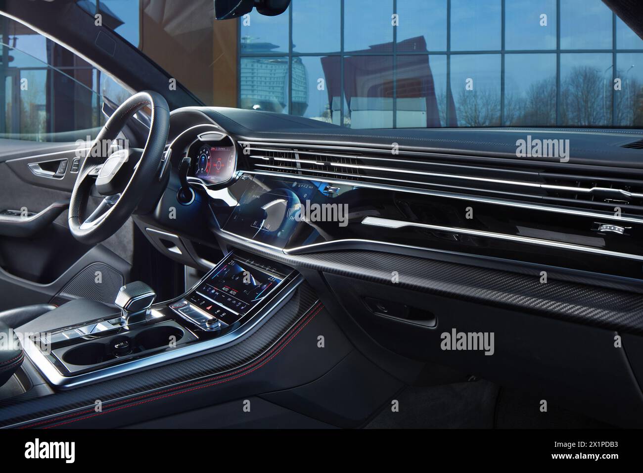 Sport car interior. Blue car parked near office building, Modern ...