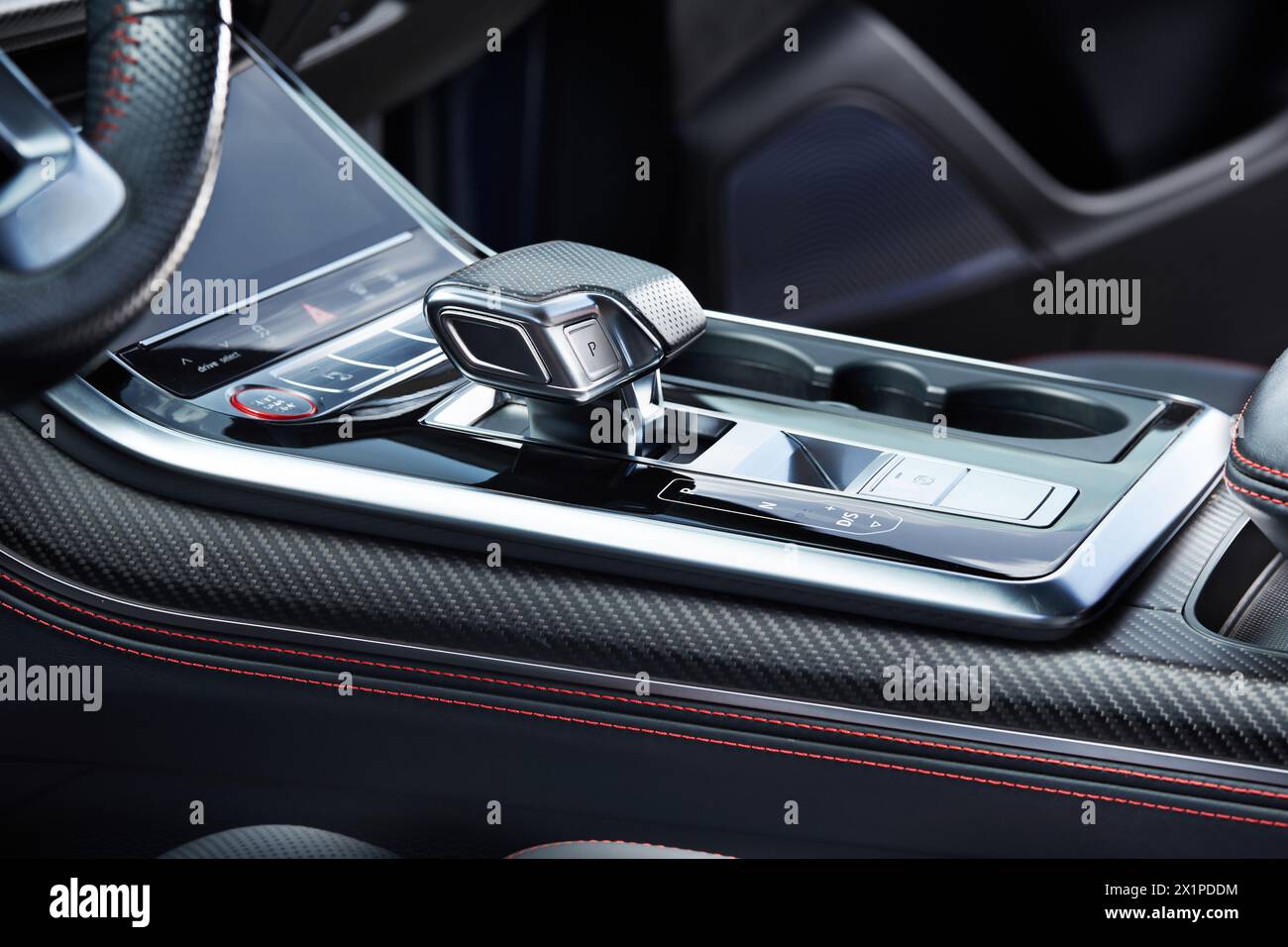 Sport car interior. Blue car parked near office building, Modern ...