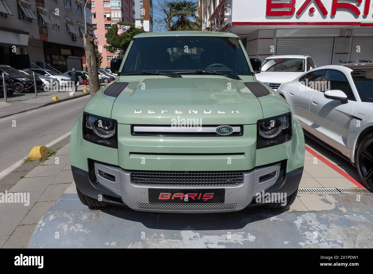 ISTANBUL, TURKEY -APRIL 12, 2024: Land Rover Defender on the showroom ...