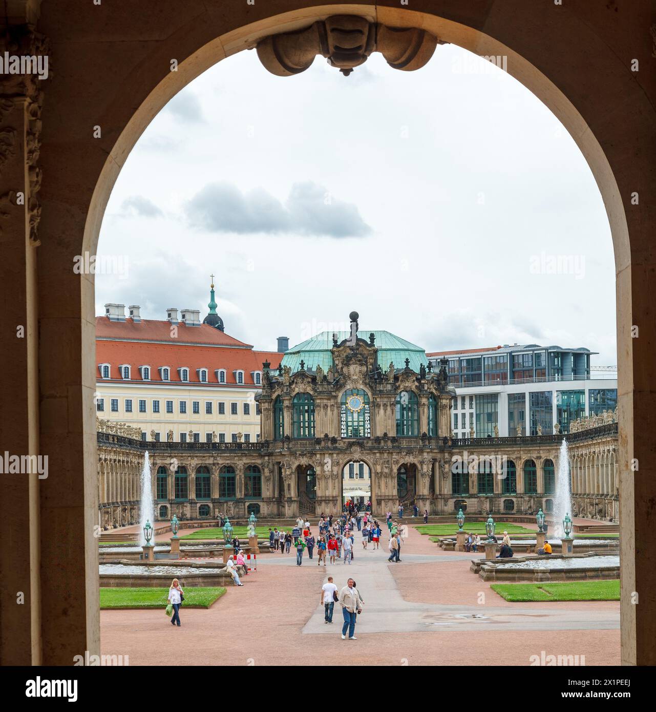 Zwinger palatial complex, a door framing the fountains in the courtyard ...