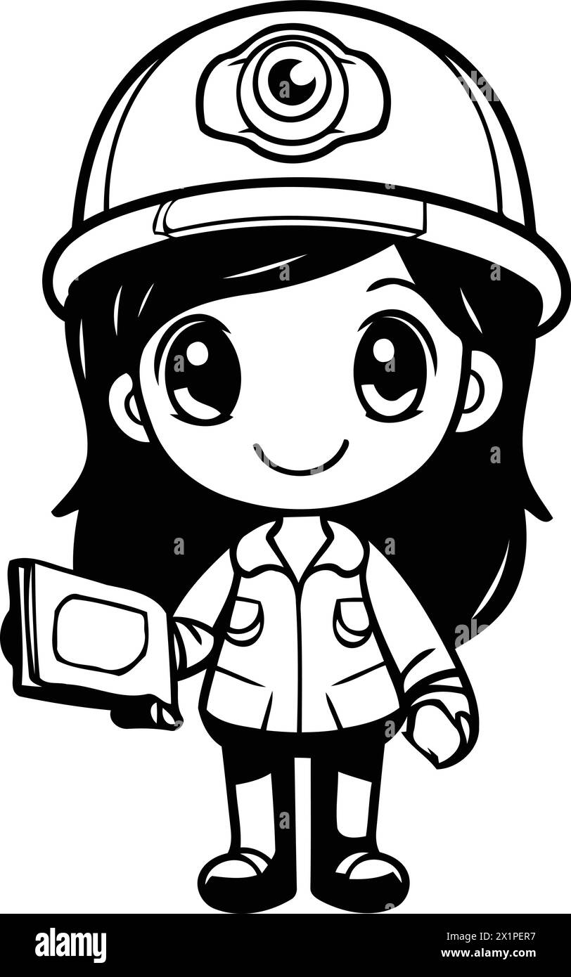 Cute girl wearing safety helmet and holding camera. Vector illustration ...