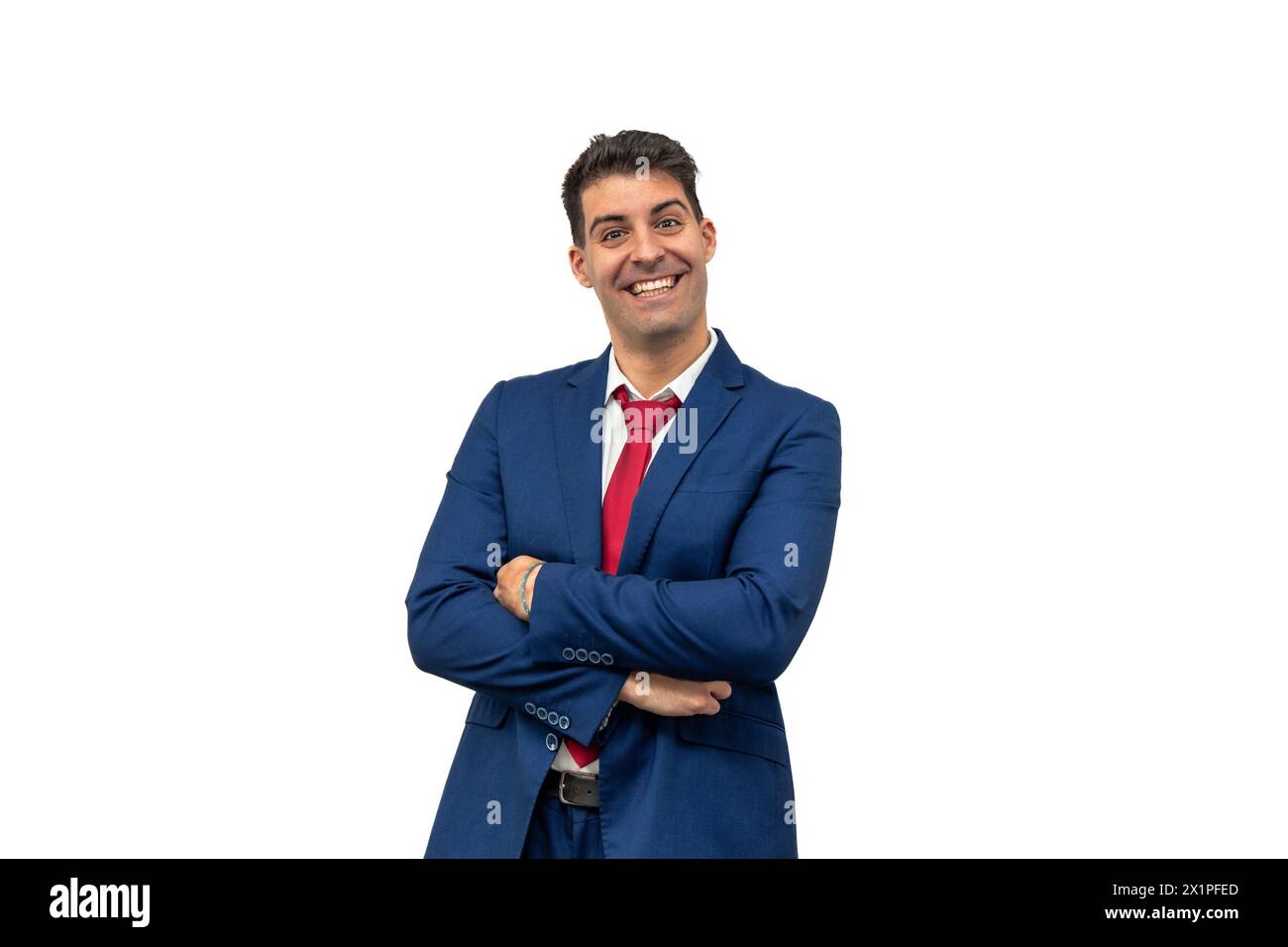 Witness the radiance of a businessman as he stands with arms crossed ...