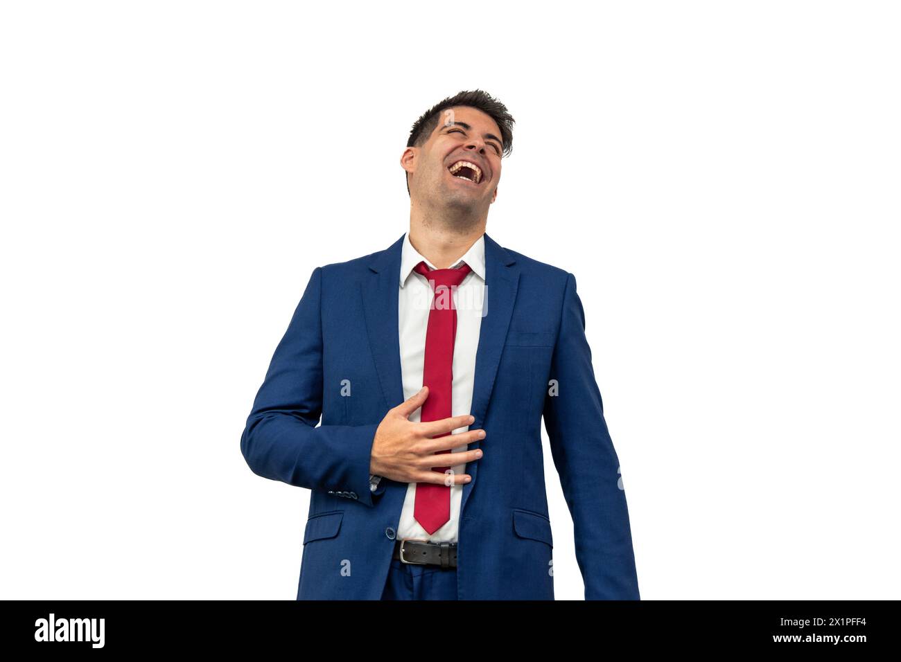 joyous laughter of a businessman as he stands in a suit, hand on his ...