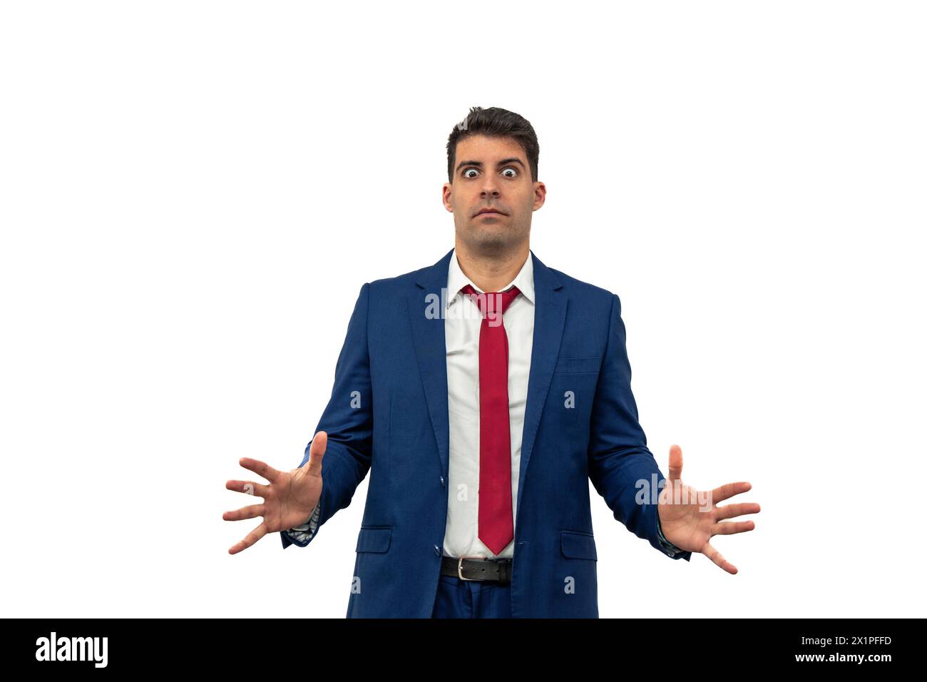 cautious expression of a businessman as he extends his palms forward ...