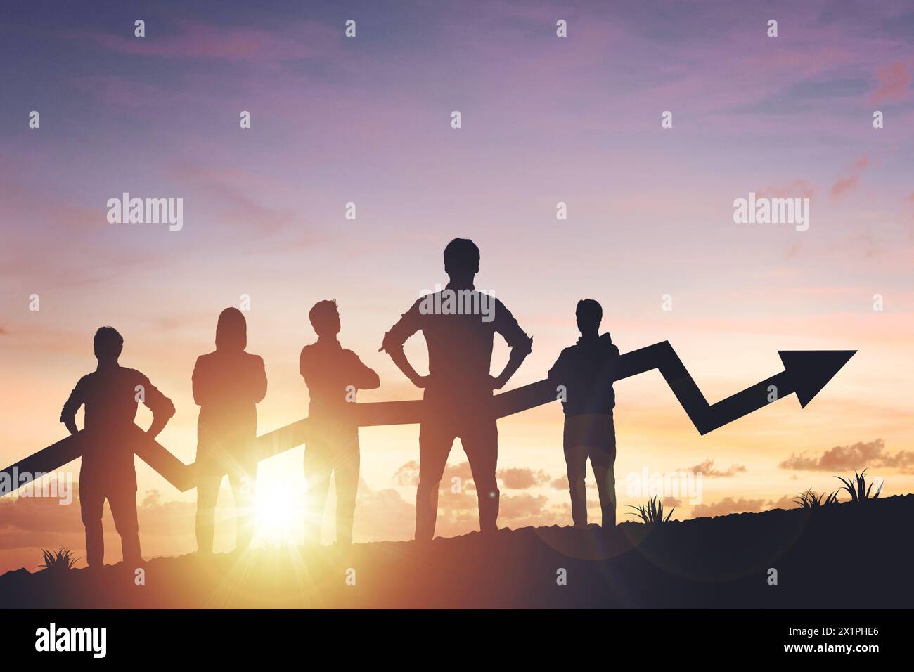 Team silhouette and up graph arrow on sunset background, leadership and ...