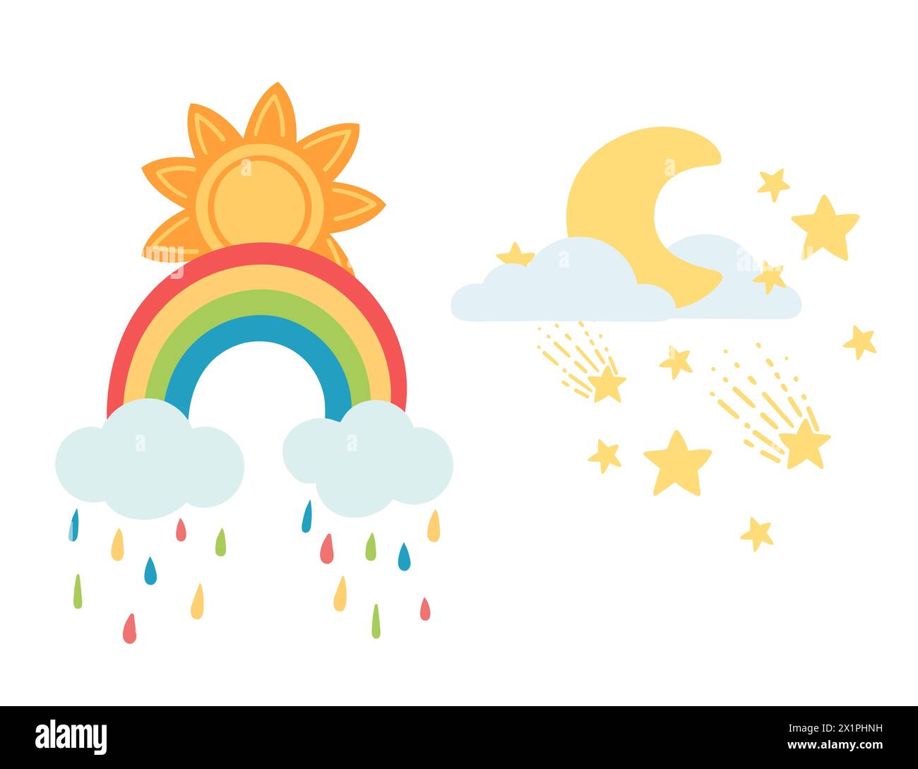 Set of weather icons rainbow sun moon and clouds vector illustration ...
