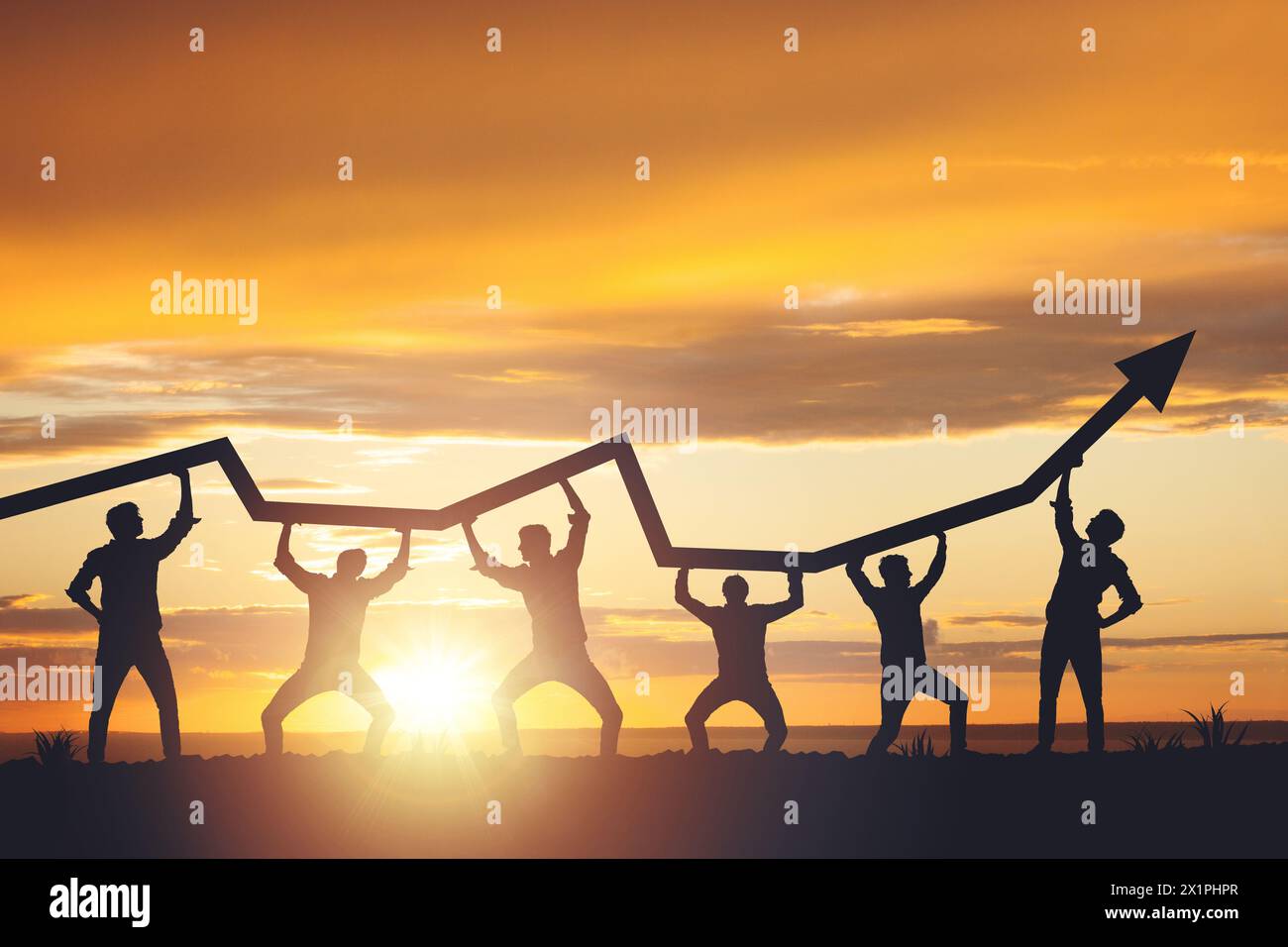 Team silhouette and up graph arrow on sunset background, leadership and ...