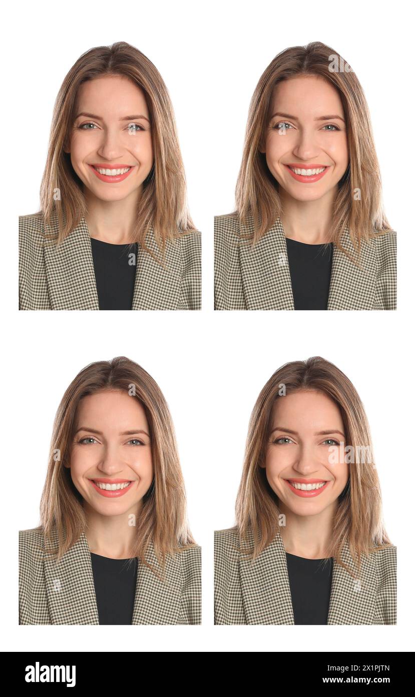 Passport photo, collage. Woman on white background, set of photos Stock ...