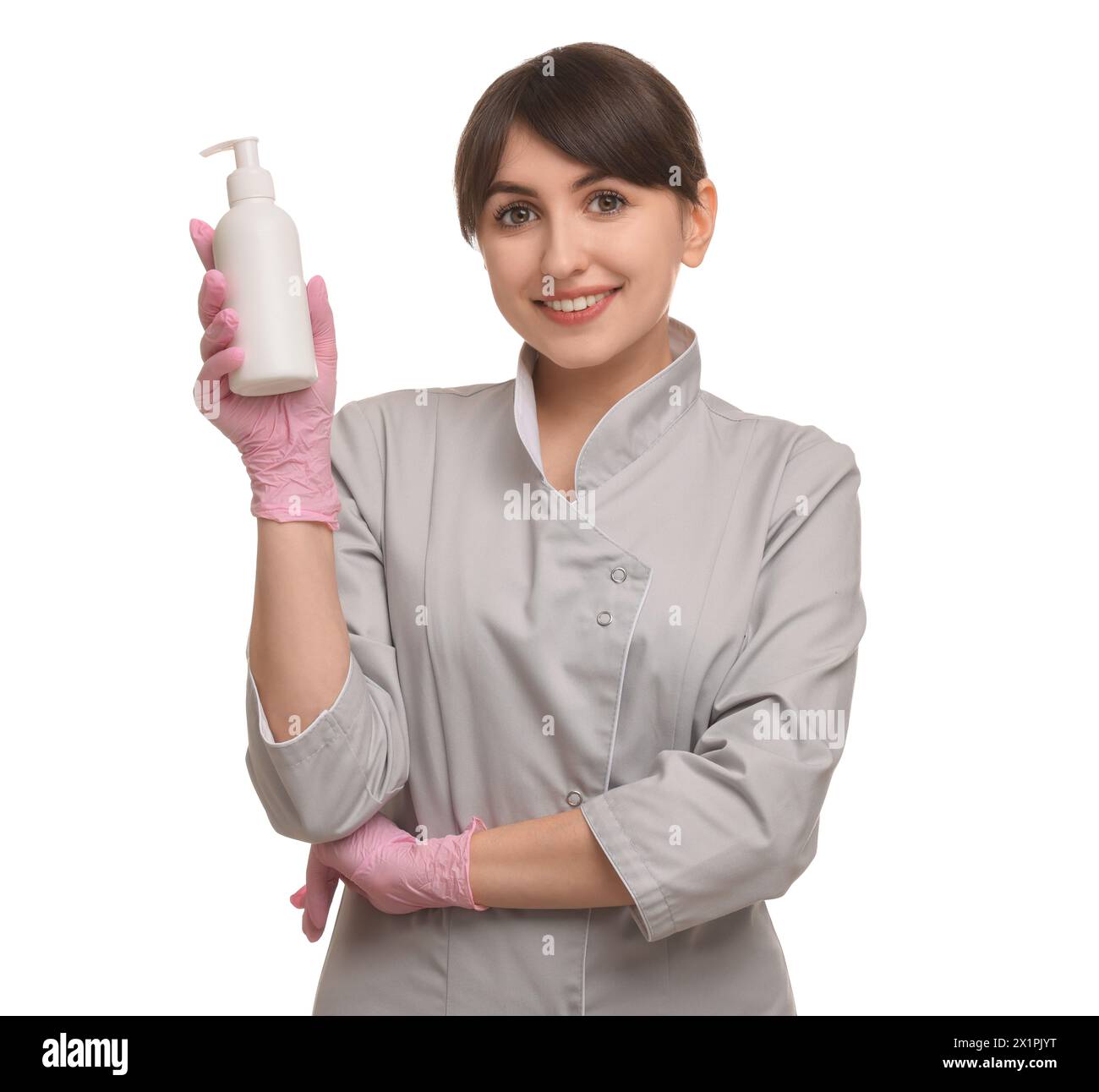 Cosmetologist with cosmetic product on white background Stock Photo - Alamy