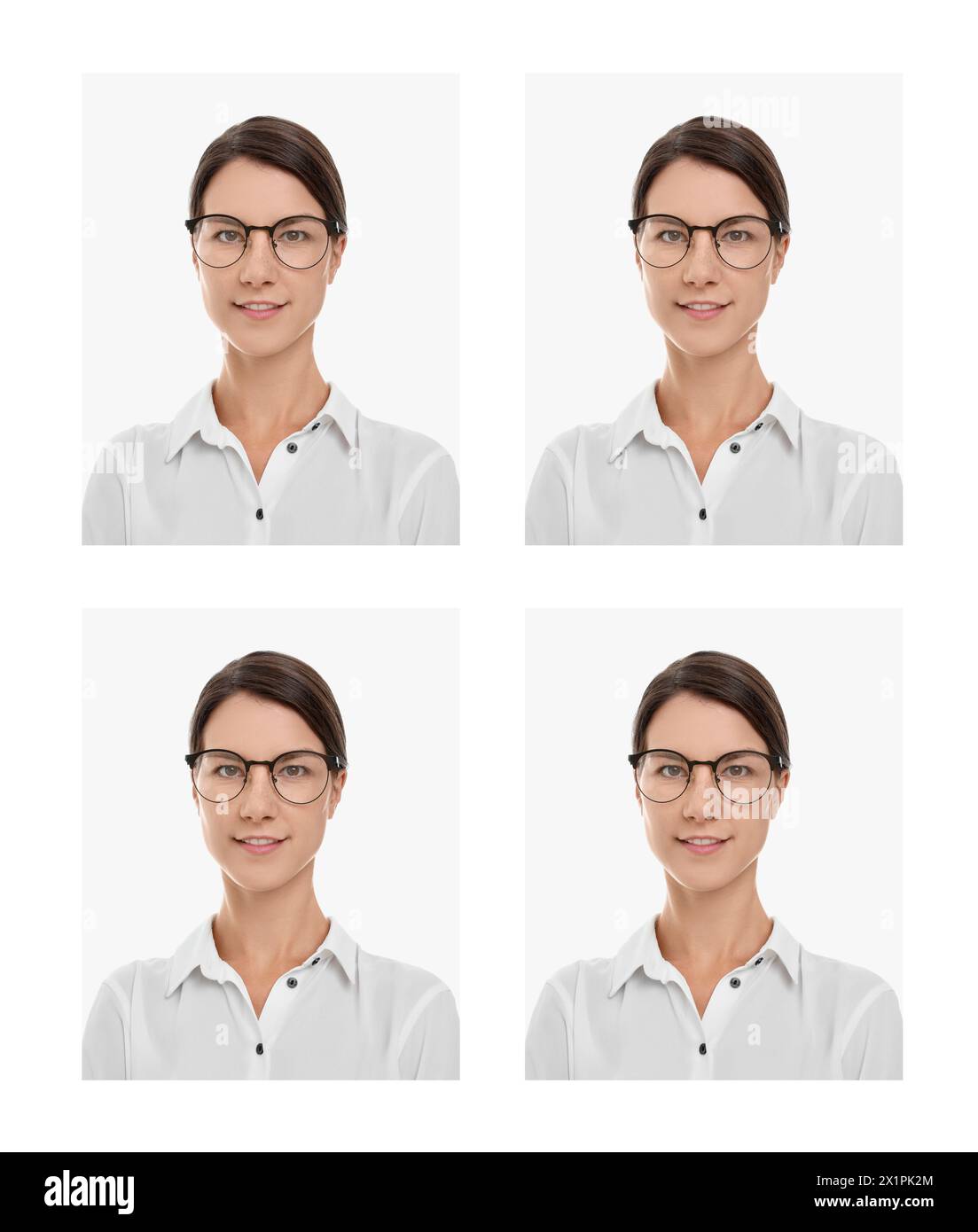 Passport photo, collage. Woman on white background, set of photos Stock ...