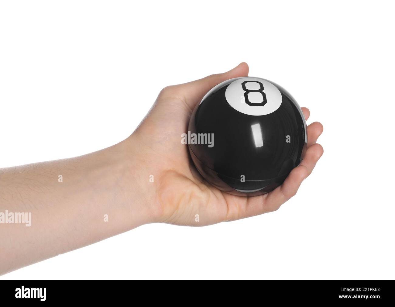 Man holding magic eight ball on white background, closeup Stock Photo ...