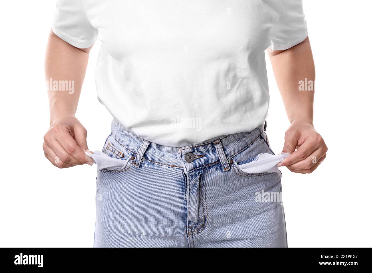 Poor woman showing empty pockets on white background, closeup Stock ...