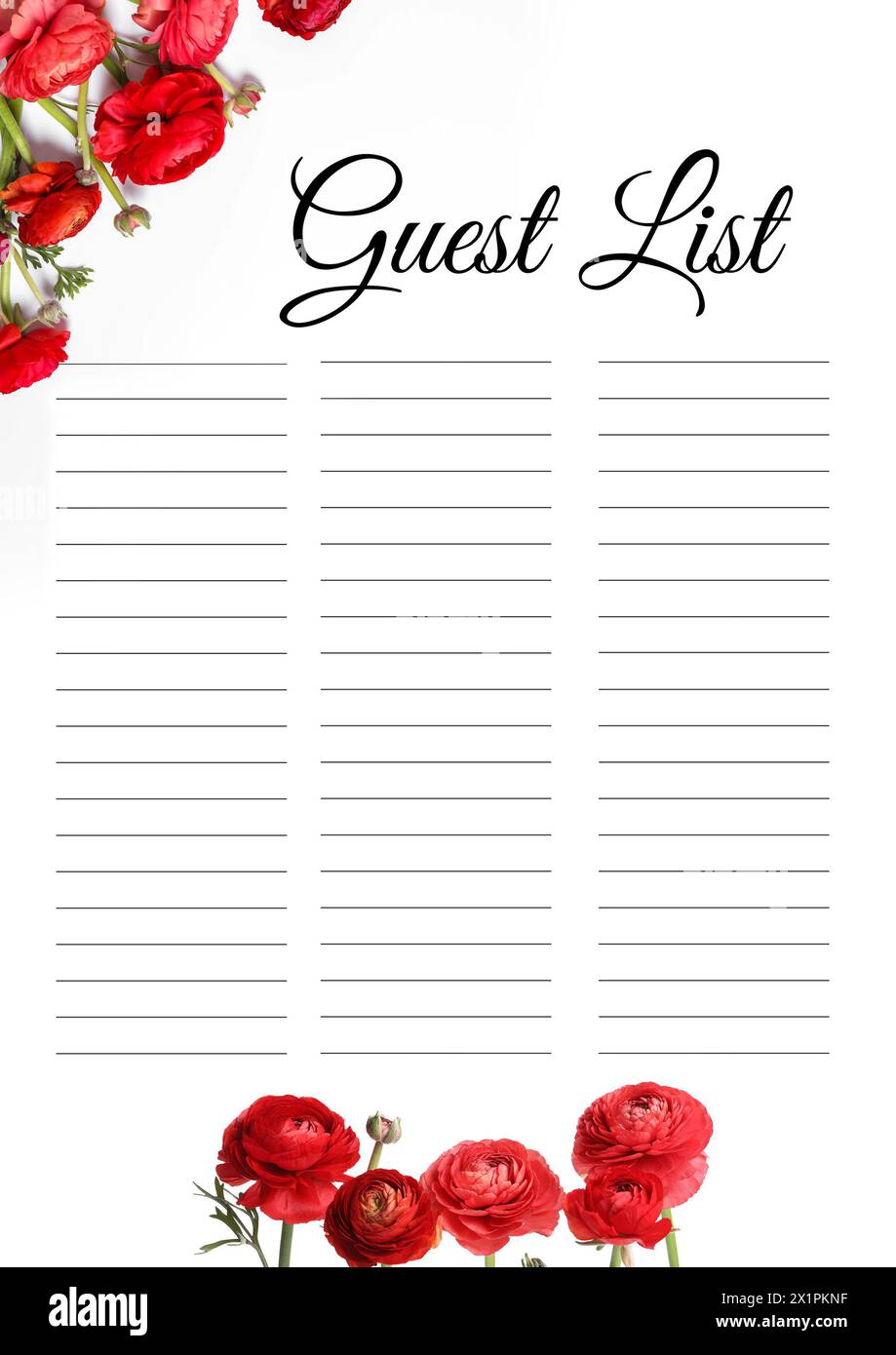 Guest list design with beautiful flowers and empty lines Stock Photo ...
