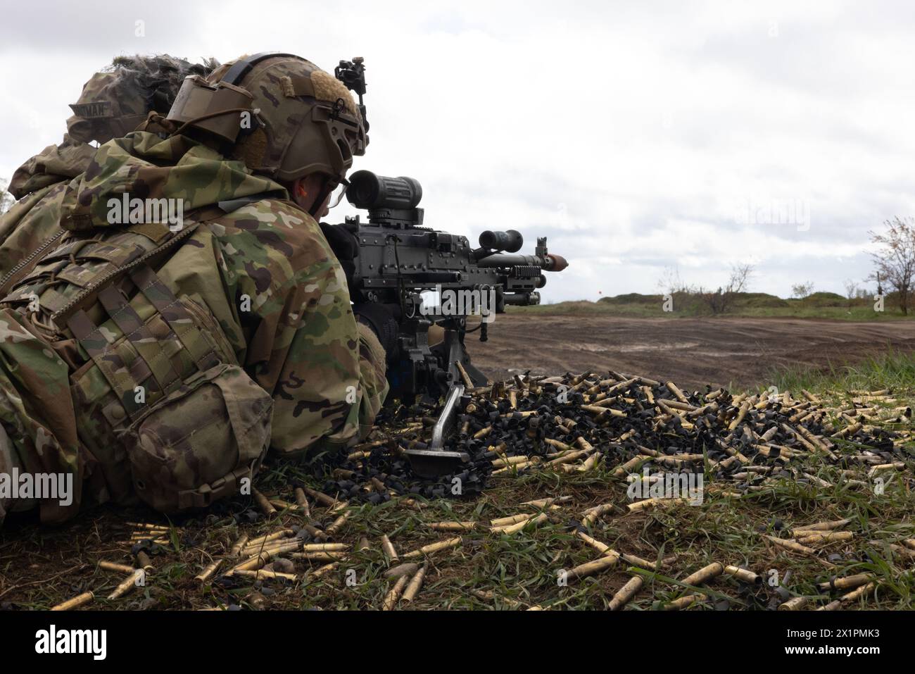 A U.S. Soldier assigned to 2nd Squadron, 2nd Cavalry Regiment aims his M249 machine gun during a ...