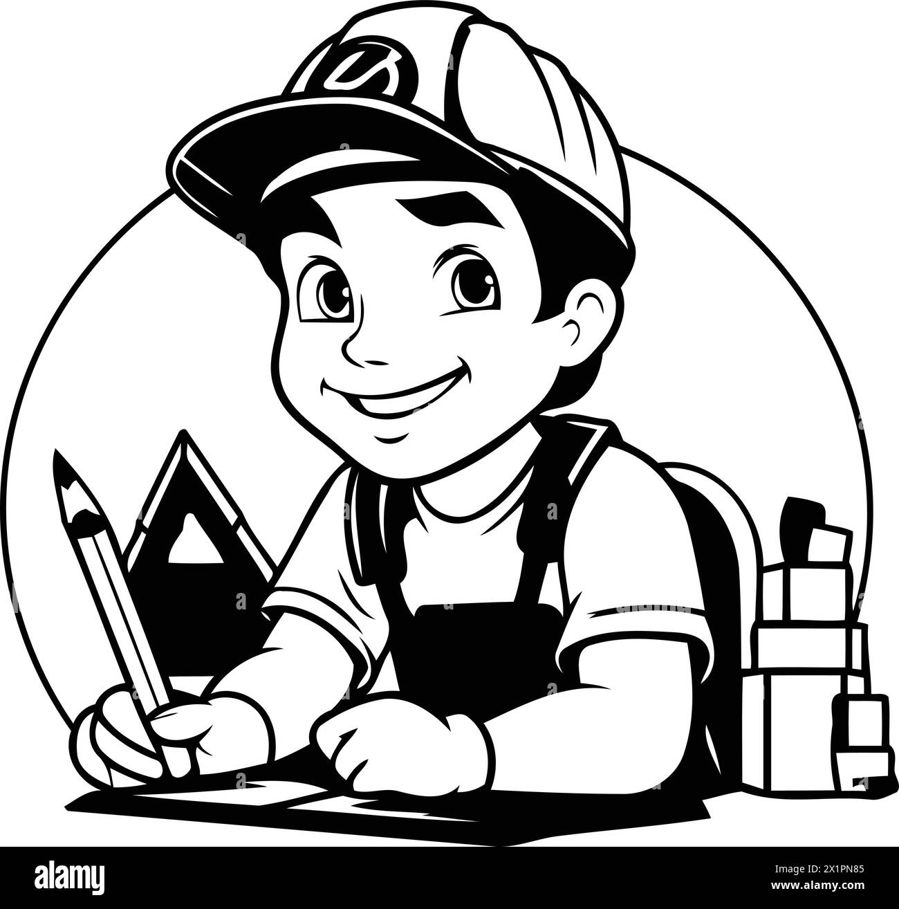 Cute boy in a construction helmet draws with a pencil. Vector ...