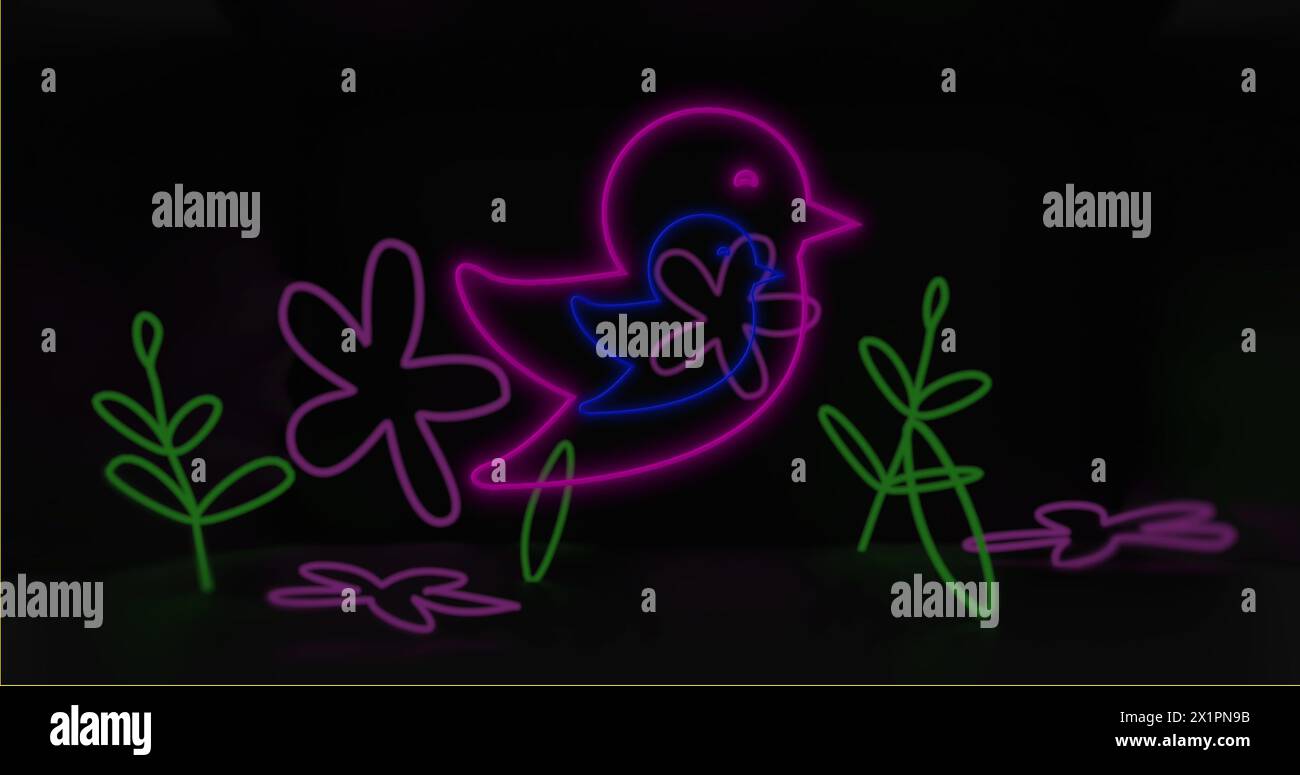 Neon sign showing bird in flight decorates a dark room, casting a ...