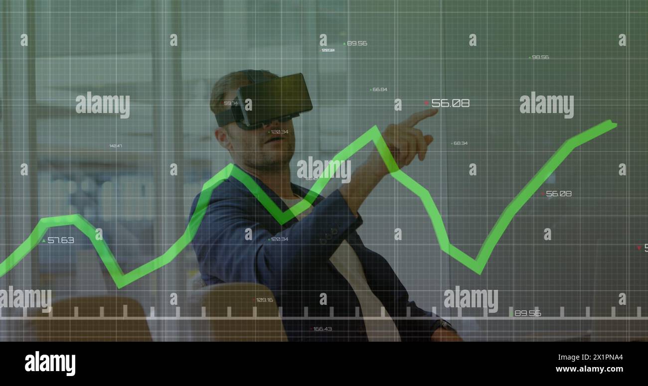 Caucasian male instructor wearing virtual reality headset pointing at ...