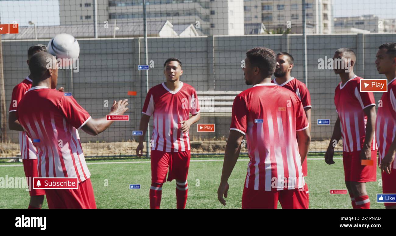 Group of friends wearing red soccer uniforms are training on field ...
