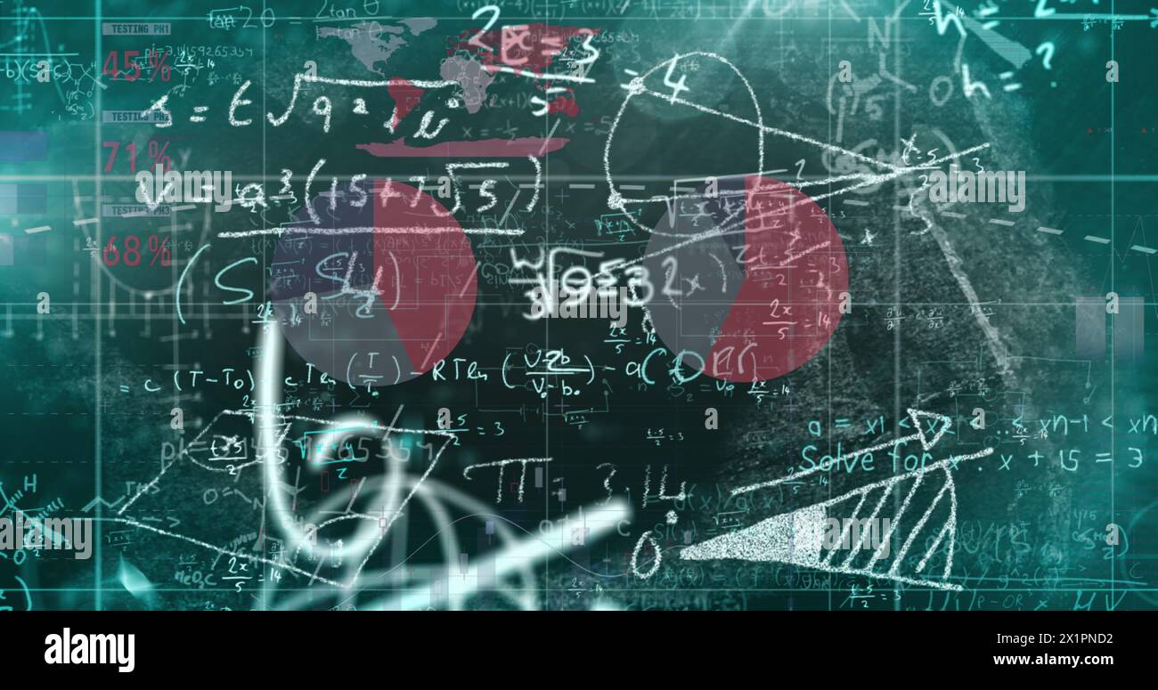 School chalkboard showing colorful mathematical and scientific drawings ...