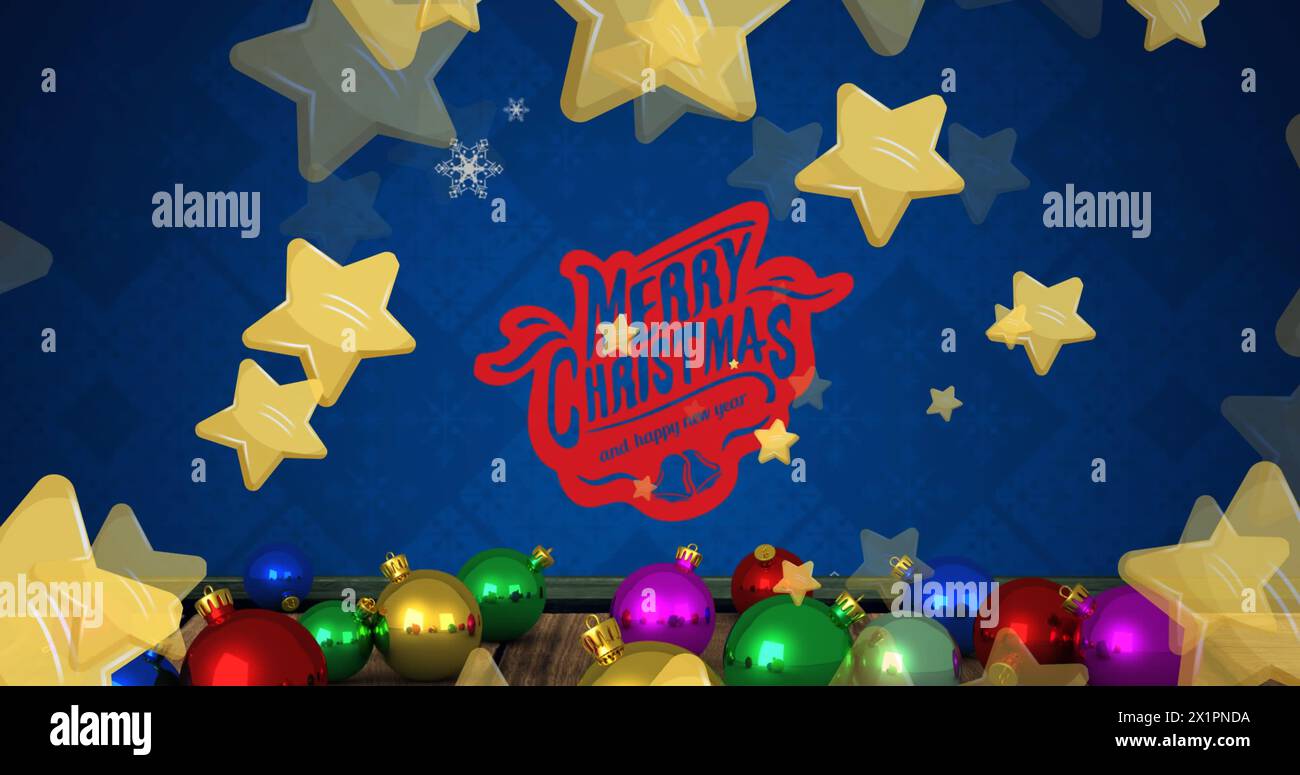 Colorful Christmas balls line up at bottom, Merry Christmas stamp in ...