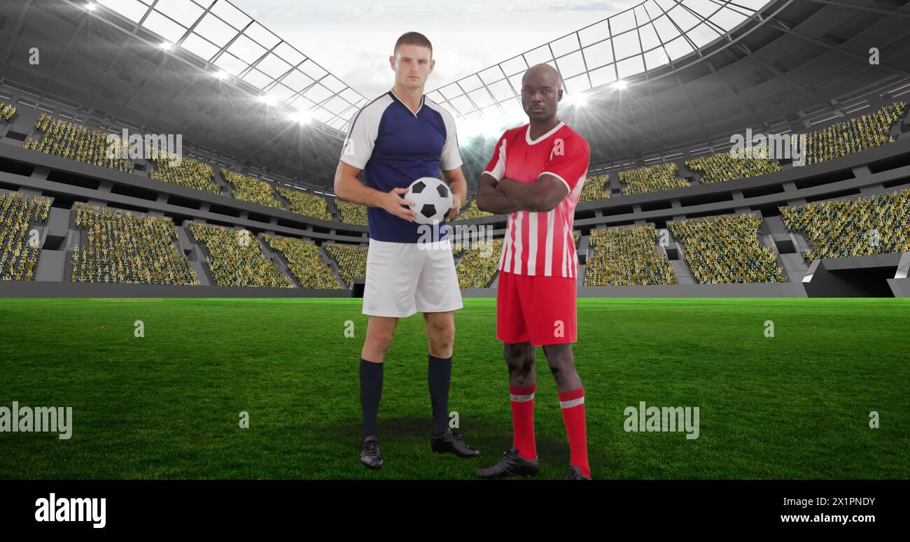 Two soccer players, one in blue and one in red, are standing on field ...