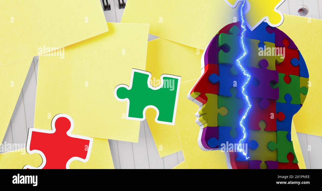 A head shaped like a colorful puzzle piece with big yellow sticky notes ...