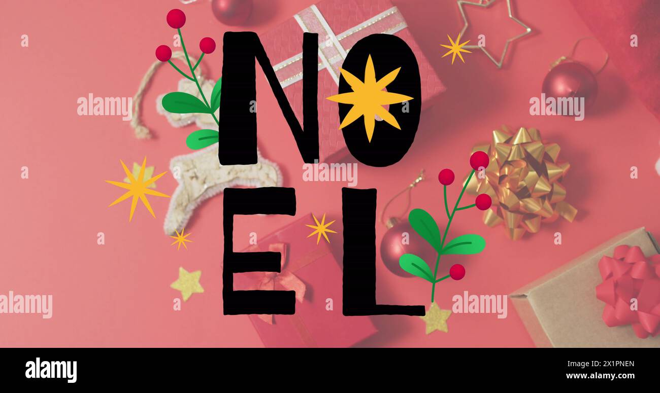 Holiday decorations surround bold letters spelling NOEL on red ...