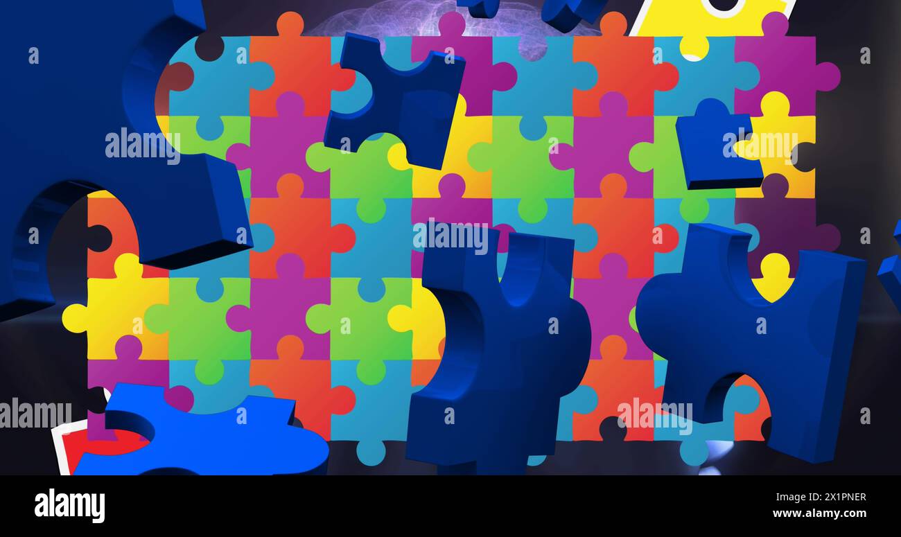 Colorful puzzle pieces are floating against dark background Stock Photo ...