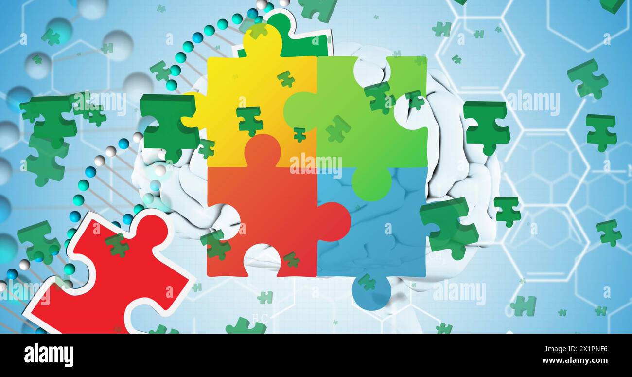 Molecular backdrop as child fits colorful puzzle pieces. Puzzle ...