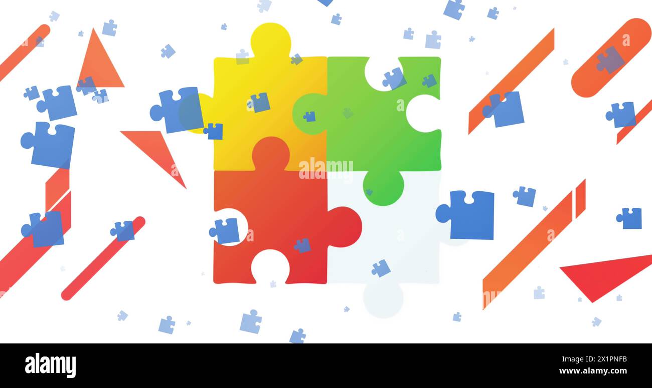 Colorful puzzle pieces are coming together amidst shapes Stock Photo ...