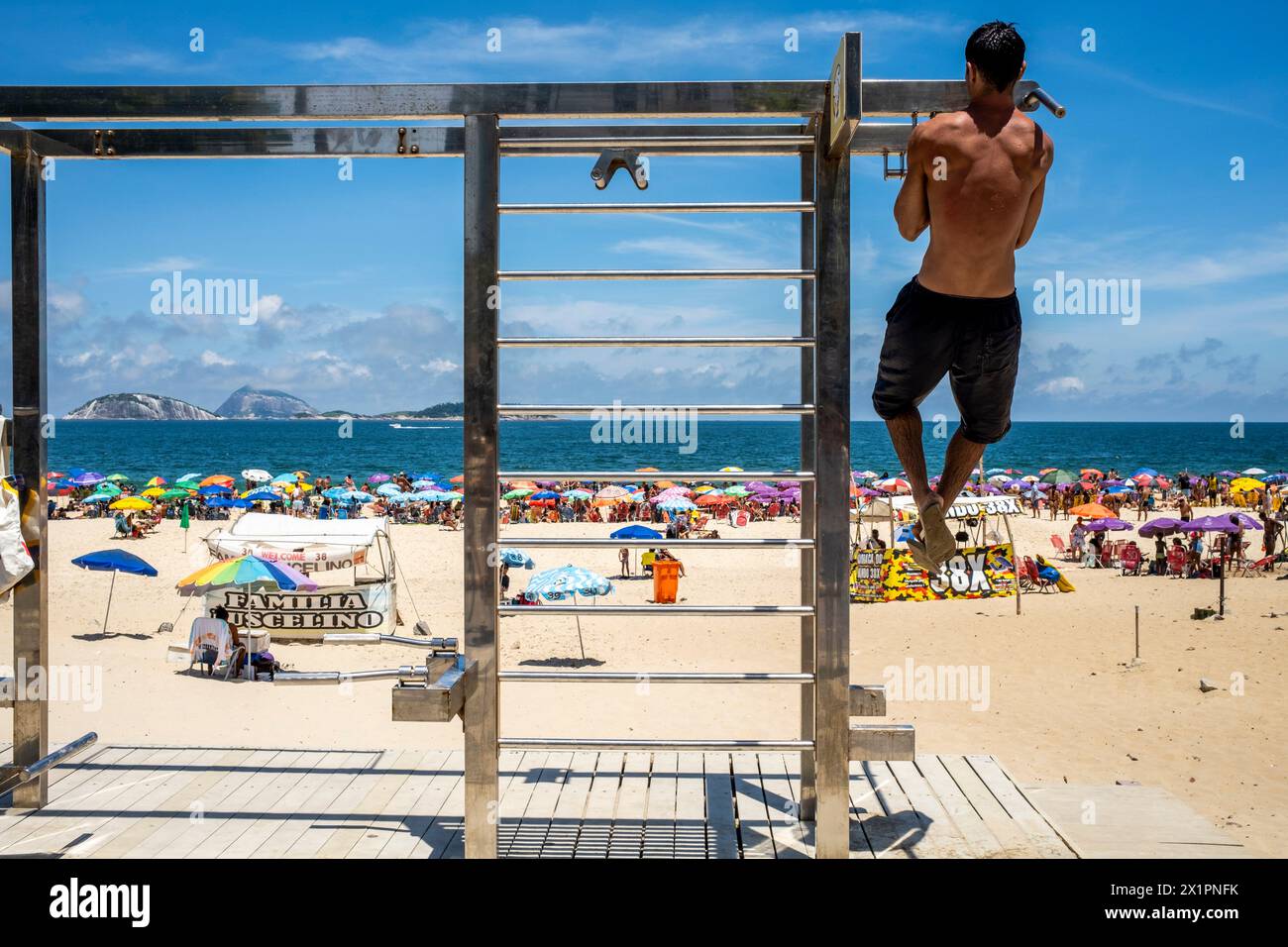 A Young Man Doing Pull Ups At An Exercise Station On Ipanema Beach ...