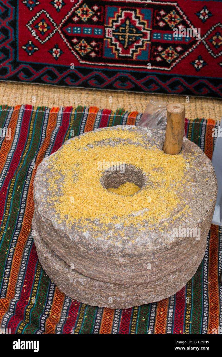 Handmade manual equipment grind mill. Traditional stone handmill Stock ...