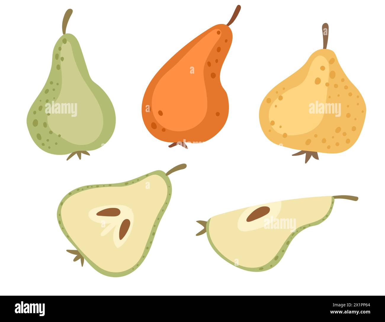 Set of different color pears sweet tasty fruit whole and halved vector ...