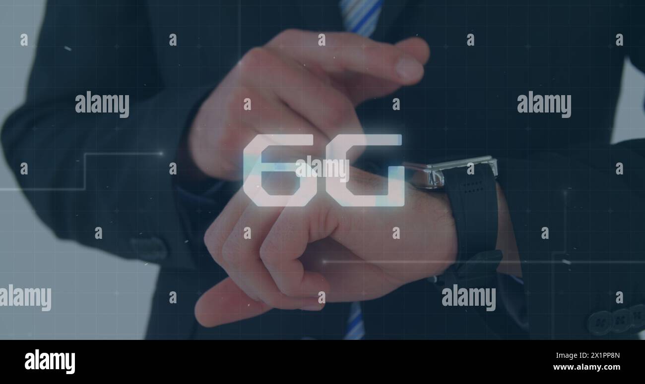 Man in suit checking watch, 6G graphic overlaying Stock Photo - Alamy Man in suit checking watch, 6G graphic overlaying Stock Photo - Alamy