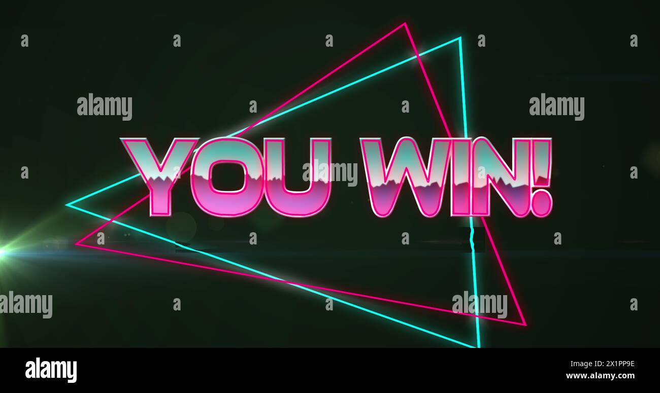 Neon YOU WIN inside glowing triangles on dark backdrop Stock Photo - Alamy